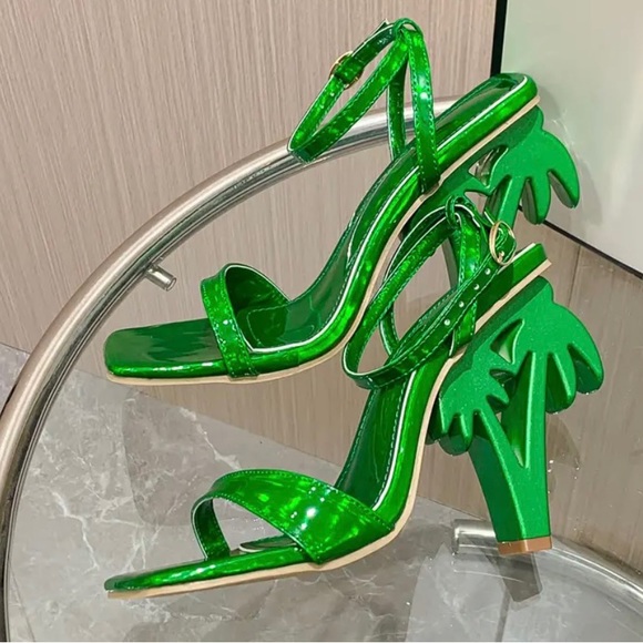 Shoes | Palm Tree Heel Sandals Bright Green 95 | Poshmark